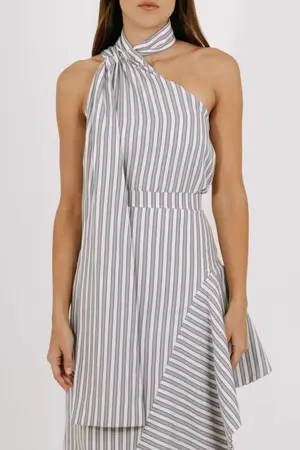 VALENTINA GORDON Asymmetrical Striped Cotton Top - Gray Stripes