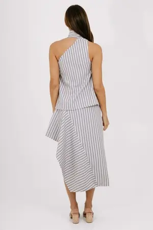 VALENTINA GORDON Asymmetrical Striped Cotton Top - Gray Stripes