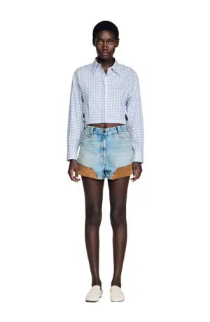 Sandro Riveted Denim And Suede Shorts - Light Bu Jean