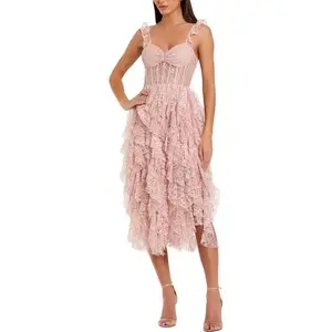 Mac Duggal Lace Bustier Midi Dress With Spiral Ruffles