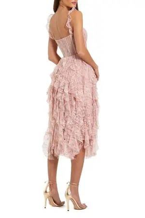 Mac Duggal Lace Bustier Midi Dress With Spiral Ruffles