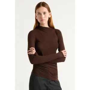 Modern Citizen Asymmetric-neck Semi-sheer Ruched Tee - Umber