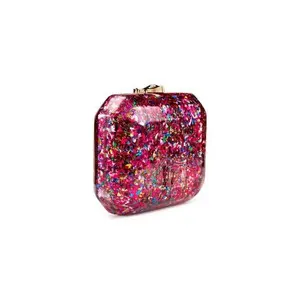 DESERI Diva Crossbody Clutch In Resin Plexiglass With Enamel Fox Head Clasp - Glitter