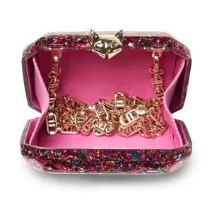 DESERI Diva Crossbody Clutch In Resin Plexiglass With Enamel Fox Head Clasp - Glitter