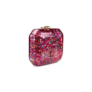 DESERI Diva Crossbody Clutch In Resin Plexiglass With Enamel Fox Head Clasp - Glitter