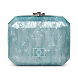 DESERI Diva Crossbody Clutch In Resin Plexiglass With Enamel Fox Head Clasp - Sky Blue