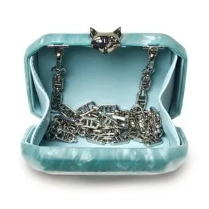 DESERI Diva Crossbody Clutch In Resin Plexiglass With Enamel Fox Head Clasp - Sky Blue