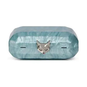 DESERI Diva Crossbody Clutch In Resin Plexiglass With Enamel Fox Head Clasp - Sky Blue