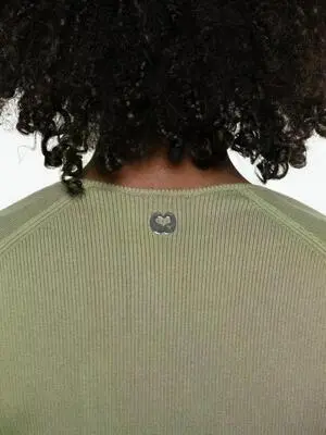 Maje Square-neck Ribbed Knit Top With Metallic Logo Detail - Green