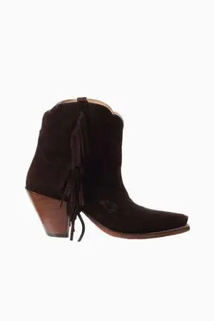 LoveShackFancy Spirit Fringe Suede Booties - Brown