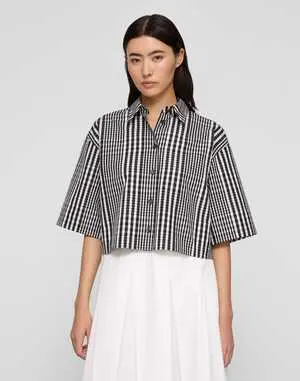 Lafayette 148 New York Grid Plaid Cotton Cropped Oversized Shirt