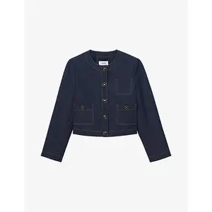 REISS Collarless Cropped Denim-blend Jacket