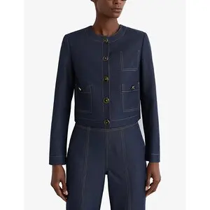 REISS Collarless Cropped Denim-blend Jacket