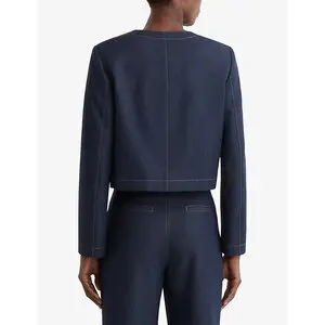 REISS Collarless Cropped Denim-blend Jacket