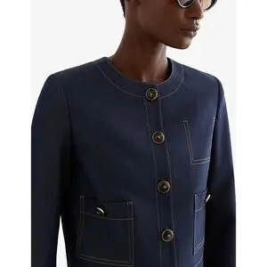 REISS Collarless Cropped Denim-blend Jacket