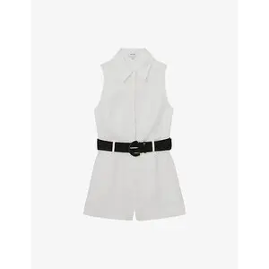 REISS Taylor Belted-waist Linen Playsuit - Ivory