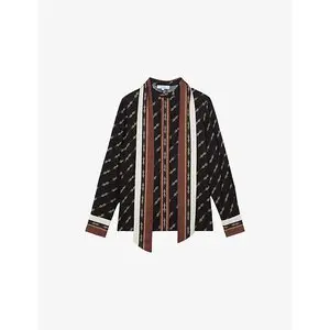 REISS Lydia Tie-neck Chain-print Shirt - Black