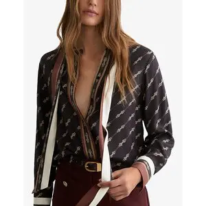 REISS Lydia Tie-neck Chain-print Shirt - Black