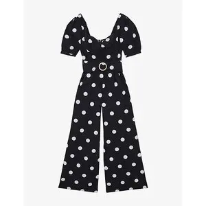 REISS Puff-sleeve Polka-dot Linen Jumpsuit - Navy Ivory