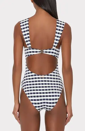 MILLY Betsy Cottage Jacquard Convertible One-piece Swimsuit - Navy/white