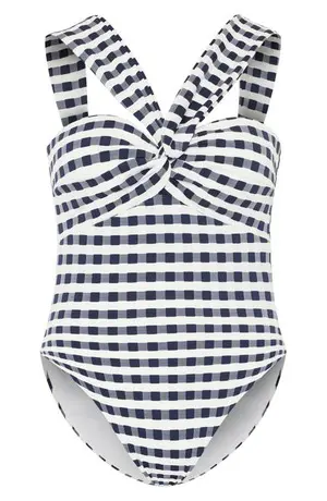 MILLY Betsy Cottage Jacquard Convertible One-piece Swimsuit - Navy/white