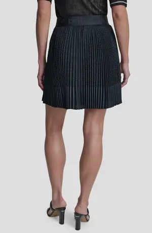 Dkny Logo Band Mixed Media Pleated Miniskirt - Navy