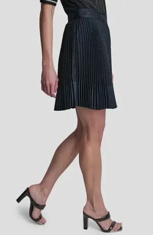 Dkny Logo Band Mixed Media Pleated Miniskirt - Navy