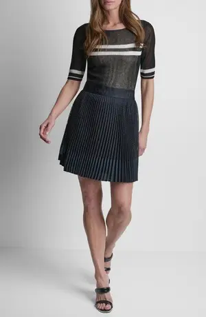 Dkny Logo Band Mixed Media Pleated Miniskirt - Navy