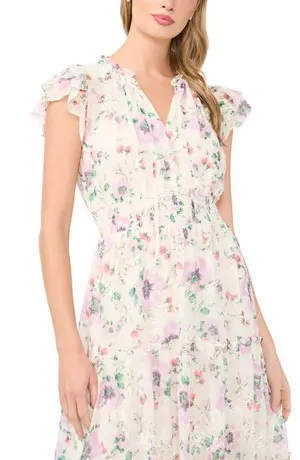 CECE DUPRAZ Floral Flutter Sleeve Midi Dress