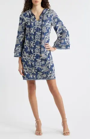 Eliza J Floral Embroidered Split Neck Shift Dress