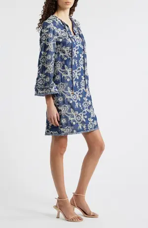 Eliza J Floral Embroidered Split Neck Shift Dress