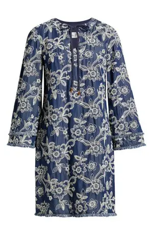 Eliza J Floral Embroidered Split Neck Shift Dress