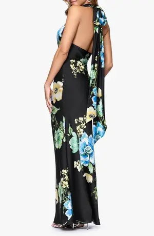 Betsy & Adam Floral Satin Halter Gown