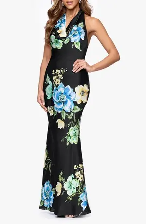 Betsy & Adam Floral Satin Halter Gown