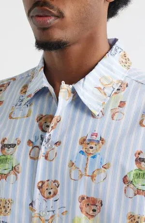 MARKET Stripe Teddy Graphic Button-up Shirt - Blue Multi