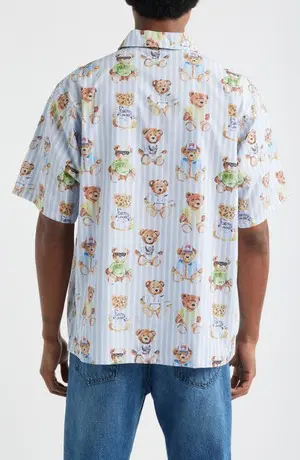 MARKET Stripe Teddy Graphic Button-up Shirt - Blue Multi