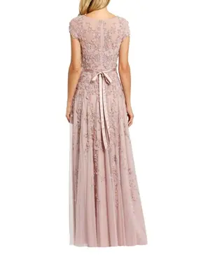 Mac Duggal Floral Embellished Cap Sleeve Gown - Mocha