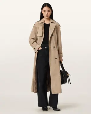 ALLSAINTS Reed Suede Trench Coat Brown