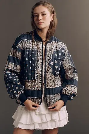 The Great. Quilted Bomber Jacket - Navy Bandana Print