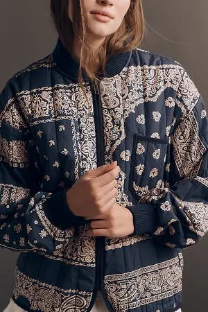 The Great. Quilted Bomber Jacket - Navy Bandana Print