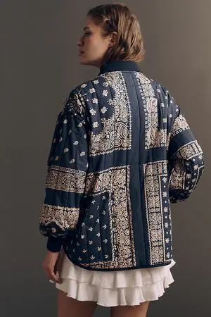 The Great. Quilted Bomber Jacket - Navy Bandana Print