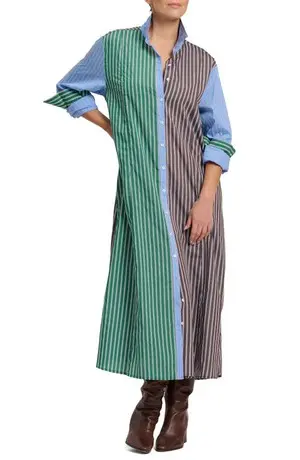 SHIRTY Mixed Stripe Long Sleeve Shirtdress - Chocolate Combo