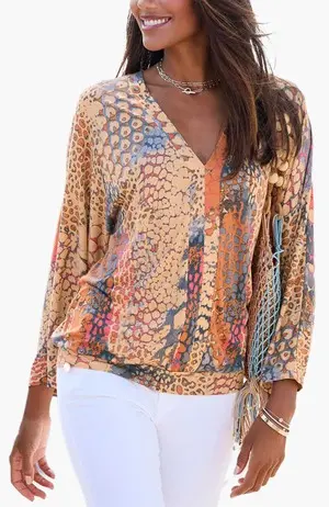 LASCANA Printed Long Sleeve Top - Orange Multi