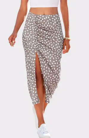 LASCANA Midi Ruched Slit Skirt - Taupe Patterned