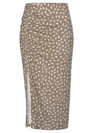 LASCANA Midi Ruched Slit Skirt - Taupe Patterned