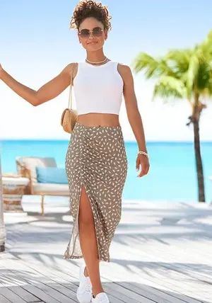LASCANA Ruched Slit Midi Skirt