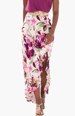 LASCANA Ruffled Maxi Skirt With Side Slit - White Printed