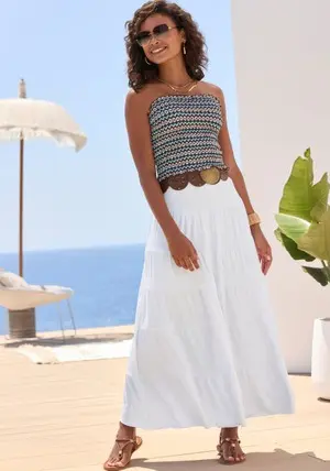 LASCANA Smocked Strapless Printed Cropped Top - Blue Multi