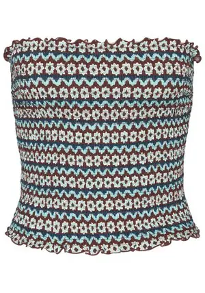 LASCANA Smocked Strapless Printed Cropped Top - Blue Multi
