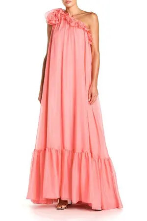 Mac Duggal One-shoulder Chiffon Gown With Rosette - Hibiscus
